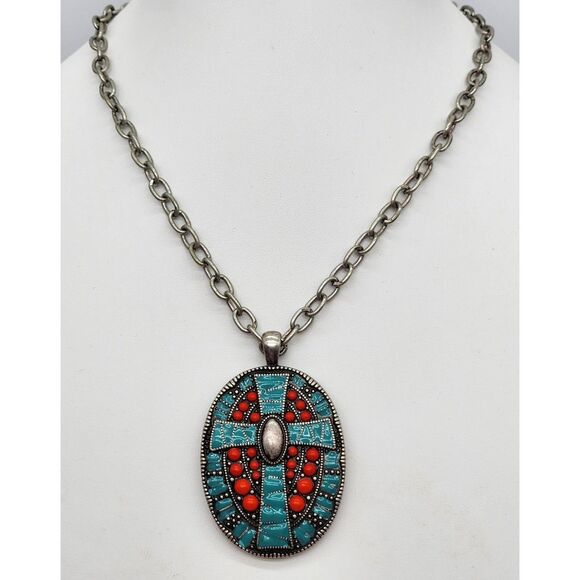 Cross Necklace | Jewelry | Oval Turquoise Blue Red Enamel Cross Pendant ...